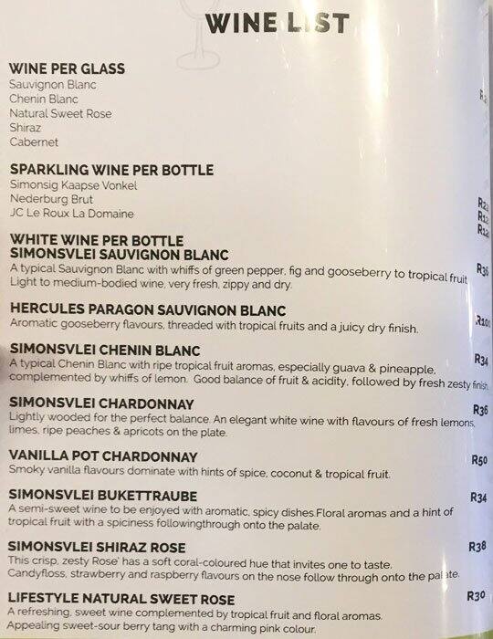 Menu at Eat At Simonsvlei, Cape Town