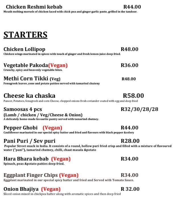 Menu at Namak Indian Restaurant, Randburg, 98 Conrad Drive