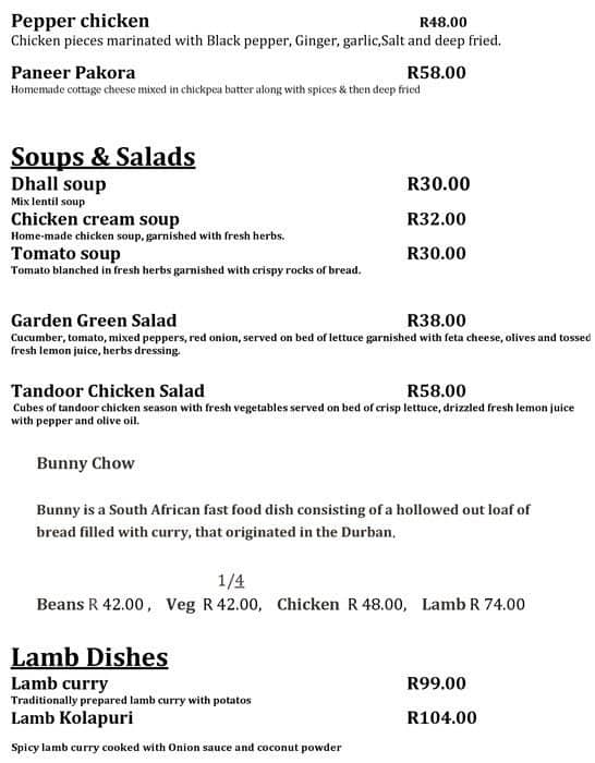 Menu at Namak Indian Restaurant, Randburg, 98 Conrad Drive