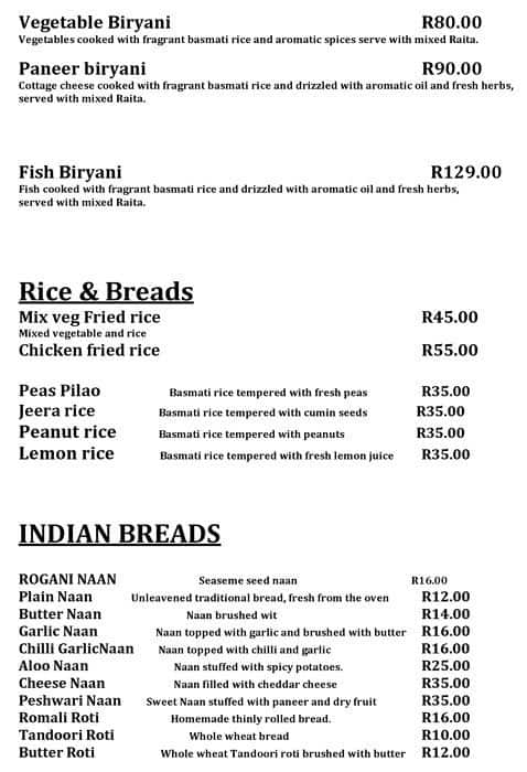 Menu at Namak Indian Restaurant, Randburg, 98 Conrad Drive