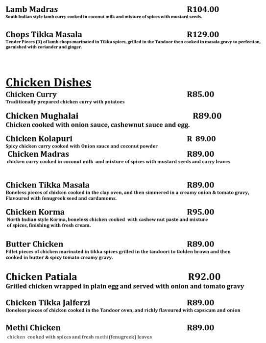 Menu at Namak Indian Restaurant, Randburg, 98 Conrad Drive