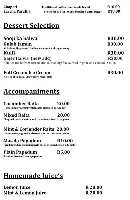 Menu at Namak Indian Restaurant, Randburg, 98 Conrad Drive