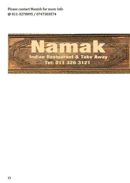 Menu at Namak Indian Restaurant, Randburg, 98 Conrad Drive