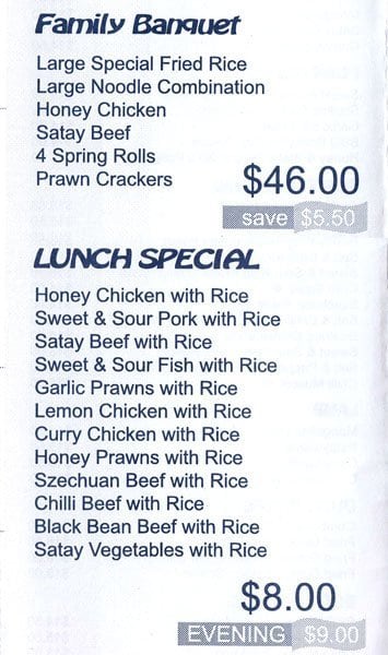 Menu at Jing's Chinese Restaurant, Gosnells