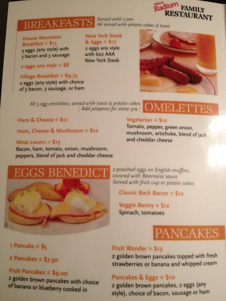 Menu at Riko's Radium Family Restaurant, Radium Hot Springs