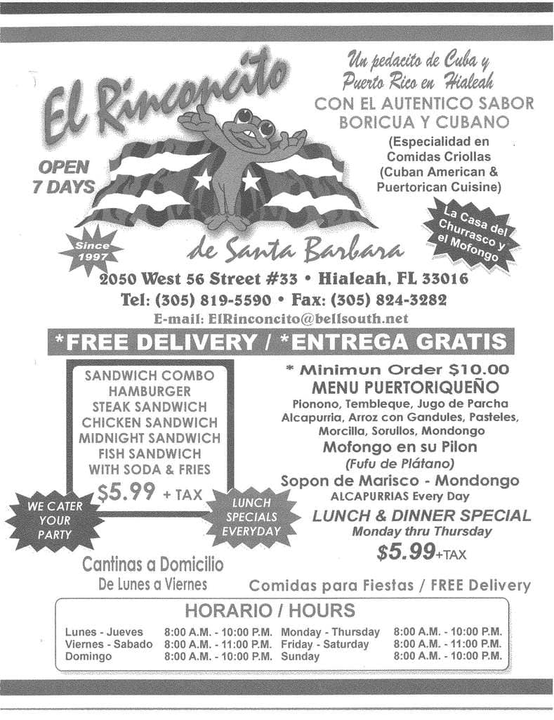 Menu at El Rinconcito De Santa Barbara Restaurant, Hialeah