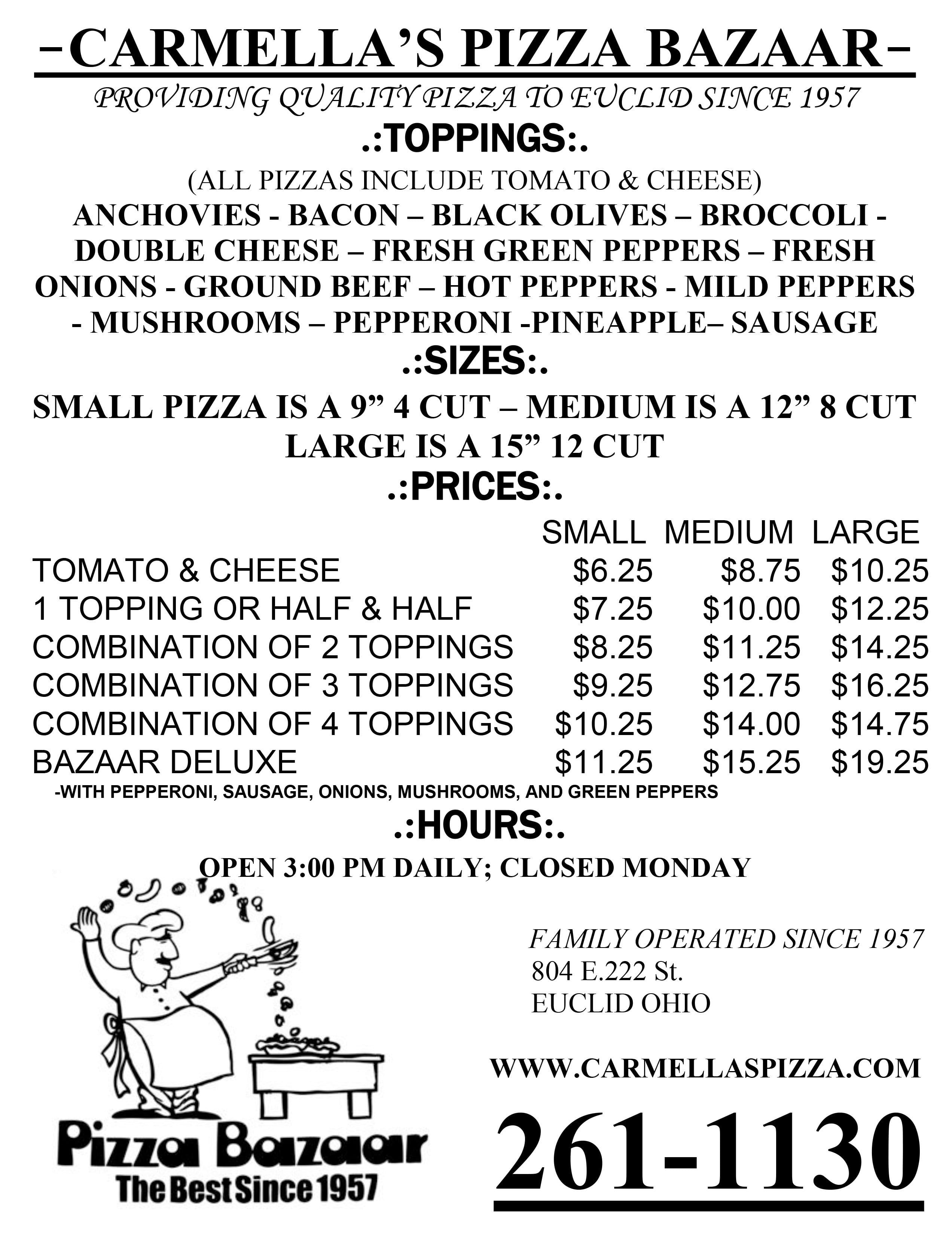Menu at Carmella's Pizza Bazaar pizzeria, Euclid