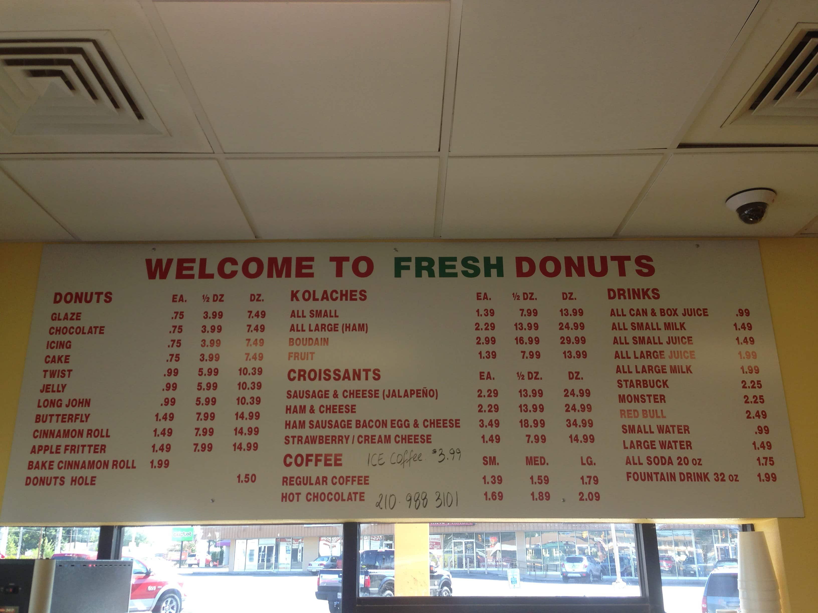 Menu at Fresh Donuts restaurant, San Antonio