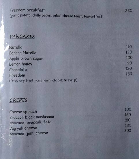 Menu at Rishikesh Freedom Cafe, Rishikesh