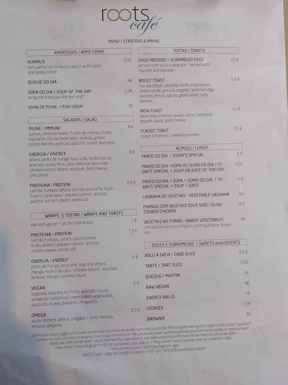 Menu em Roots Cafe, Cascais
