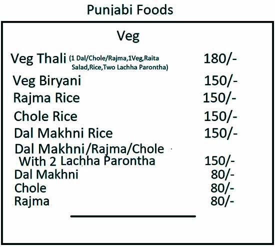 Menu of Punjabi Foods, Ulwe, Navi Mumbai