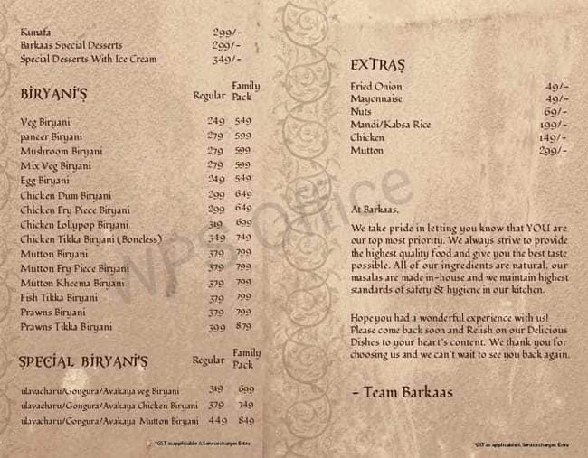 Menu of Barkaas Indo Arabic Restaurant, Kompally, Hyderabad