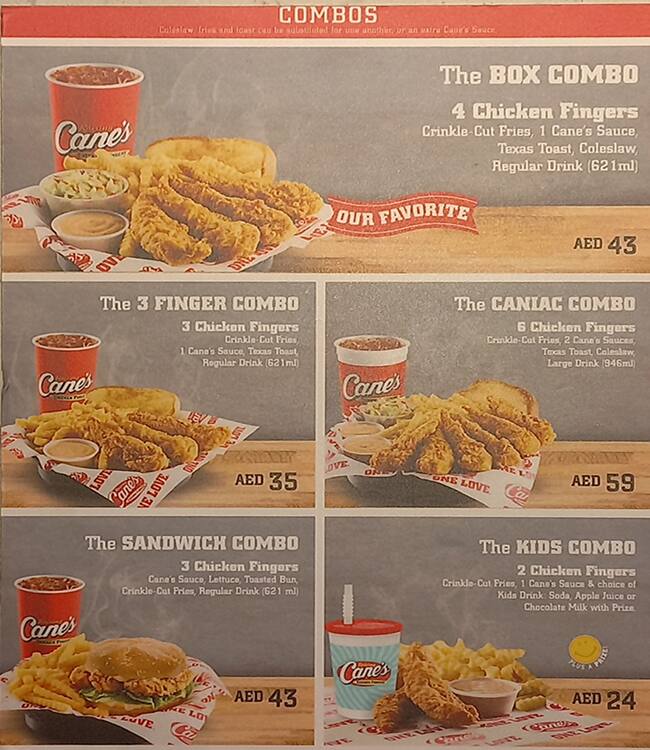 Cane's menu prices store