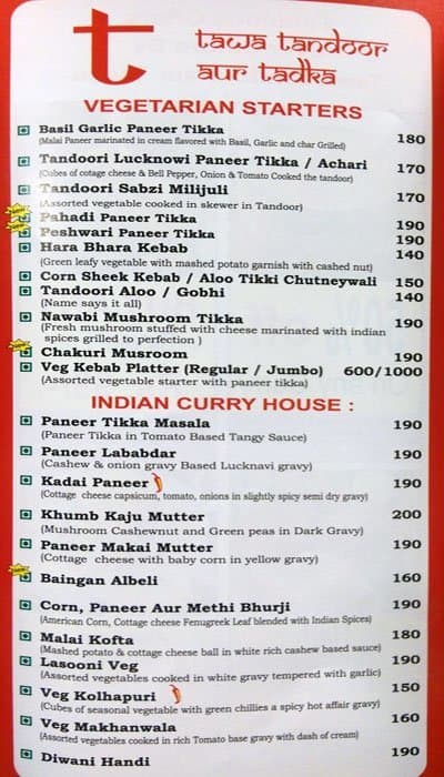 Menu at Tawa Tandoor Tadka, Bengaluru, 4H7H+MHF