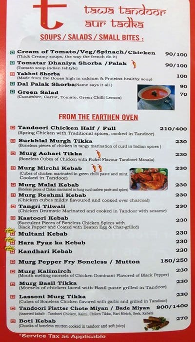Menu at Tawa Tandoor Tadka, Bengaluru, 4H7H+MHF