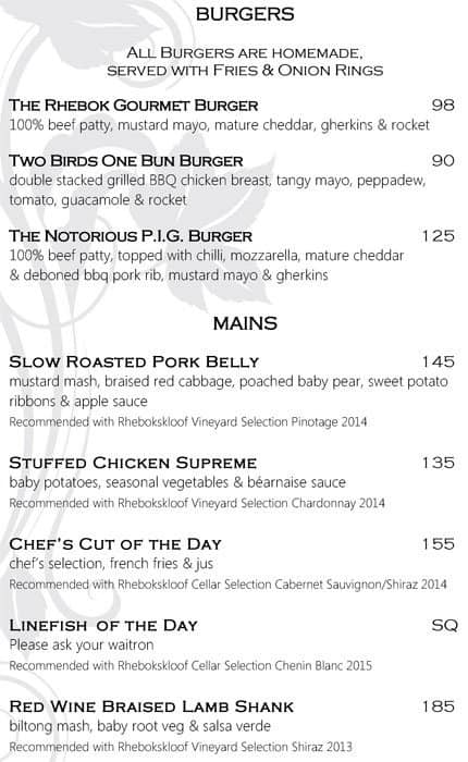 Menu at Rhebokskloof Wine Estate pub & bar, Windmeul, Noord Agter ...