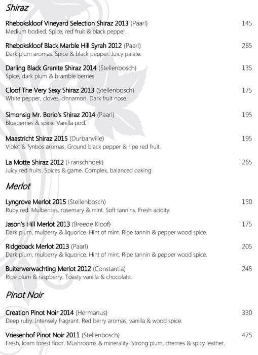 Menu at Rhebokskloof Wine Estate pub & bar, Windmeul, Noord Agter ...