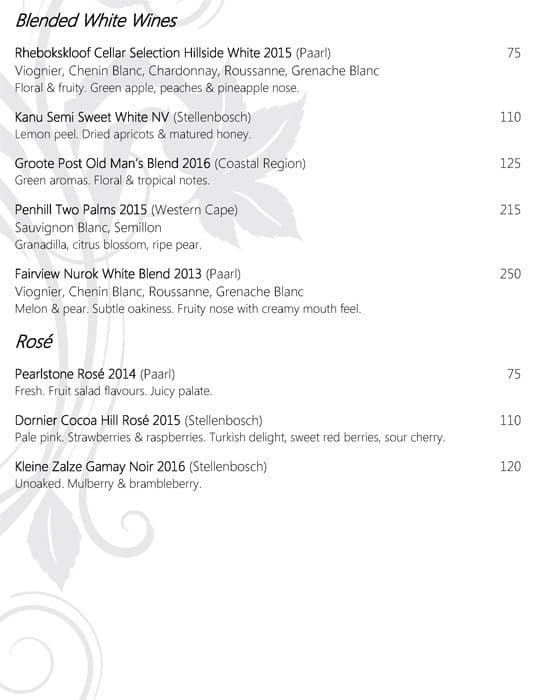 Menu at Rhebokskloof Wine Estate pub & bar, Windmeul, Noord Agter ...