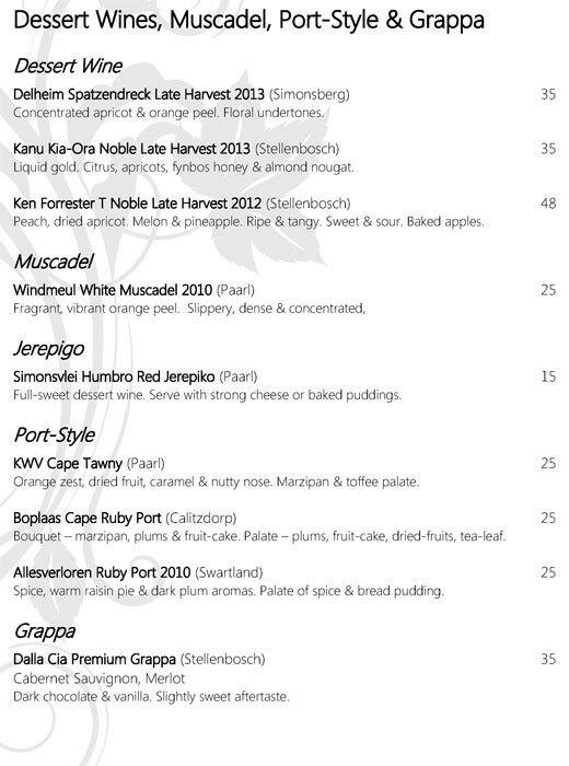 Menu at Rhebokskloof Wine Estate pub & bar, Windmeul, Noord Agter ...