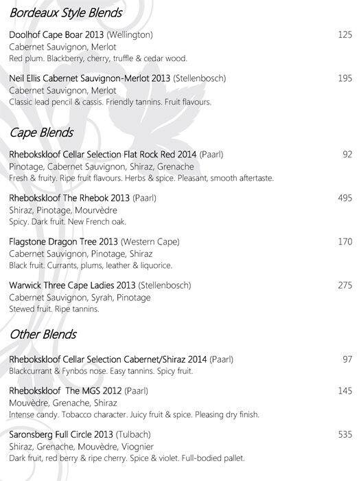 Menu at Rhebokskloof Wine Estate pub & bar, Windmeul, Noord Agter ...
