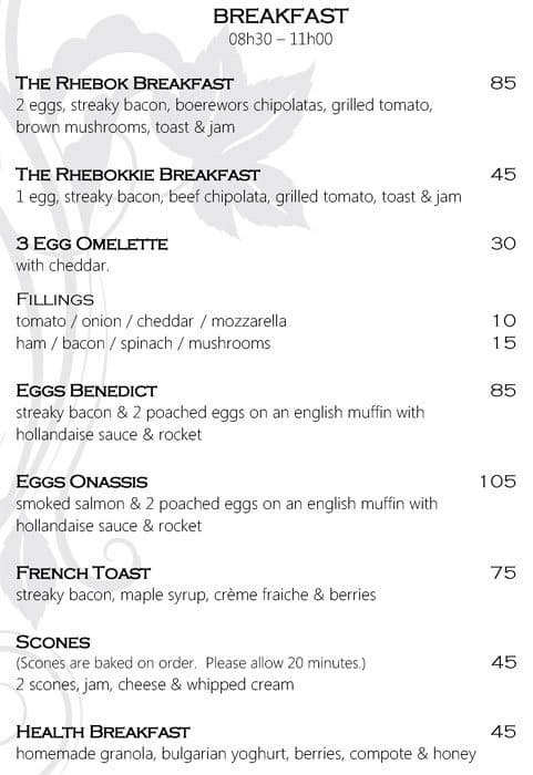 Menu at Rhebokskloof Wine Estate pub & bar, Windmeul, Noord Agter ...