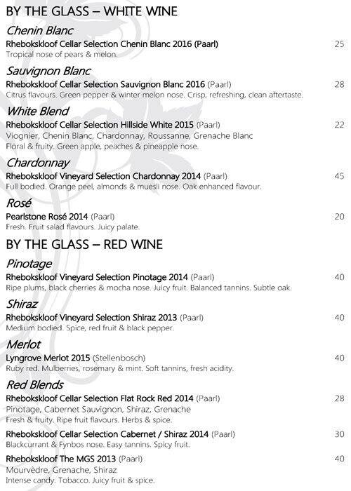 Menu at Rhebokskloof Wine Estate pub & bar, Windmeul, Noord Agter ...