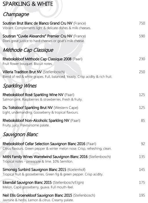 Menu at Rhebokskloof Wine Estate pub & bar, Windmeul, Noord Agter ...
