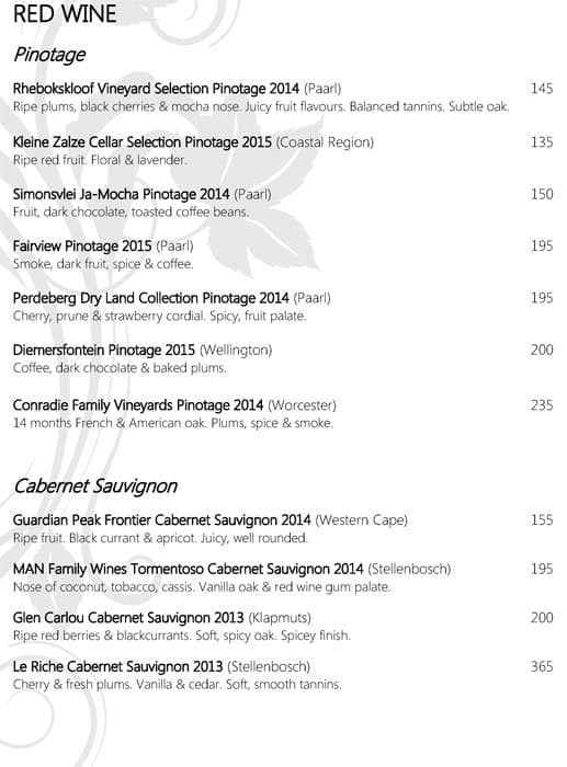 Menu at Rhebokskloof Wine Estate pub & bar, Windmeul, Noord Agter ...