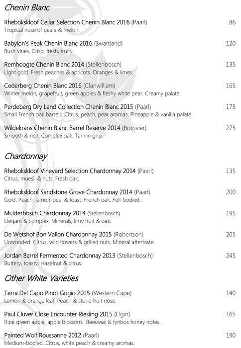 Menu at Rhebokskloof Wine Estate pub & bar, Windmeul, Noord Agter ...