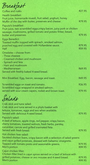 Menu at Paputzis restaurant, Randburg