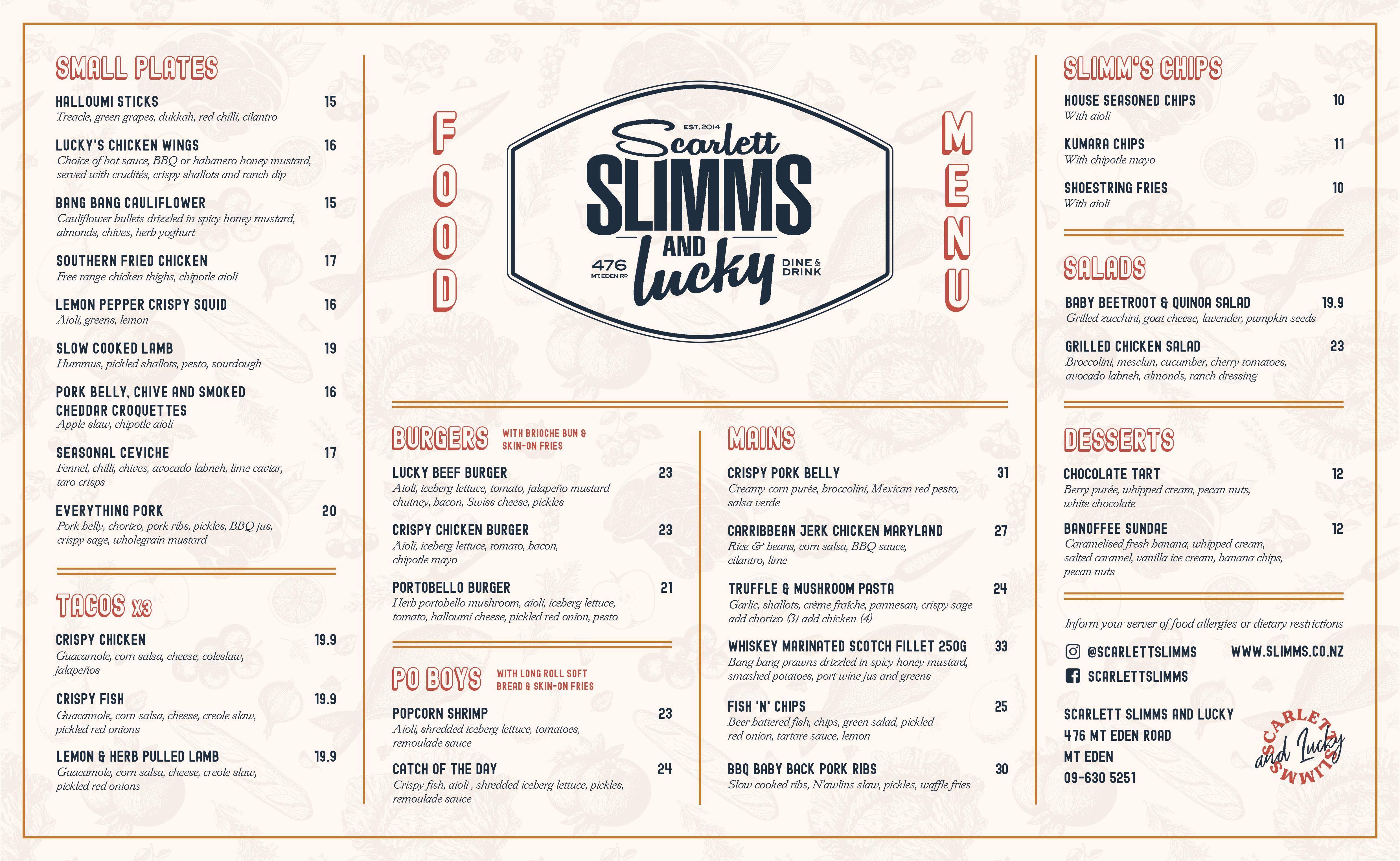 Menu at Scarlett Slimms and Lucky pub & bar, Auckland