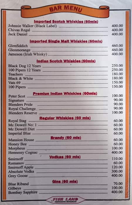Menu of Fishland Family Bar & Restaurant, Colva, Goa