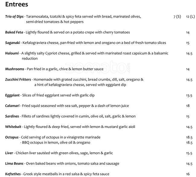 Menu at Nostos restaurant, Leichhardt