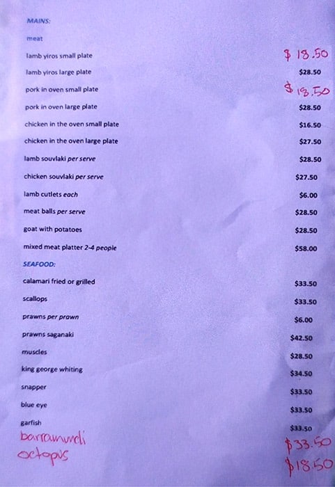 Menu at Jim's Greek Tavern restaurant, Collingwood