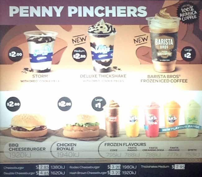 Menu at Hungry Jack's fast food, Perth, 91 Barrack St