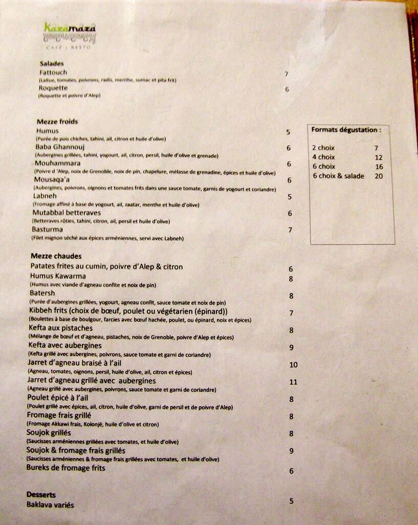 Kaza Maza Menu