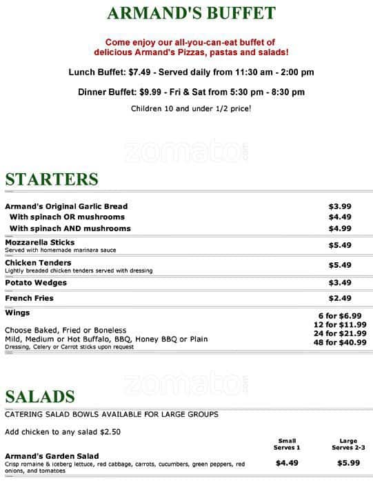 Menu at Armand's Pizzeria & Grille, Rockville