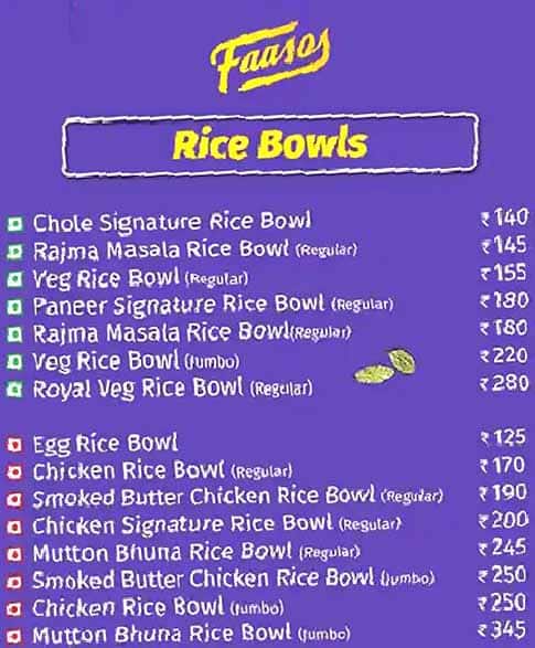 Menu at Faasos Tolichowki, Hyderabad