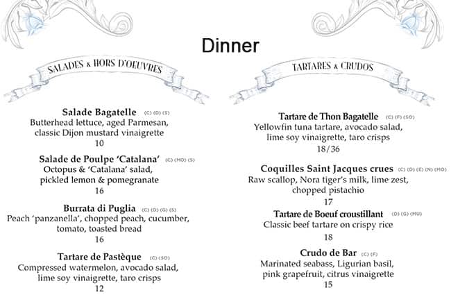 Menu at Bagatelle London restaurant, London