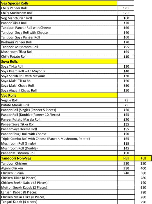 Menu of Almaas Restaurants, Sector 53, Gurgaon