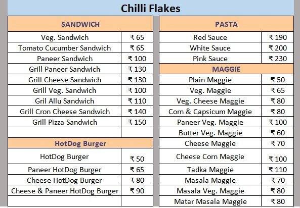 Menu of Chilly Flakes, Durga Puri, New Delhi