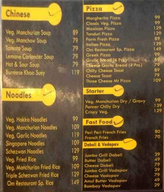 Menu of Om Restaurant, Navrangpura, Ahmedabad