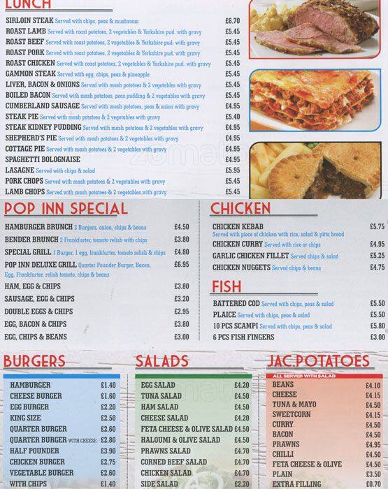 Menu at Pop Inn Cafe, London, 258 Southwark Park Rd