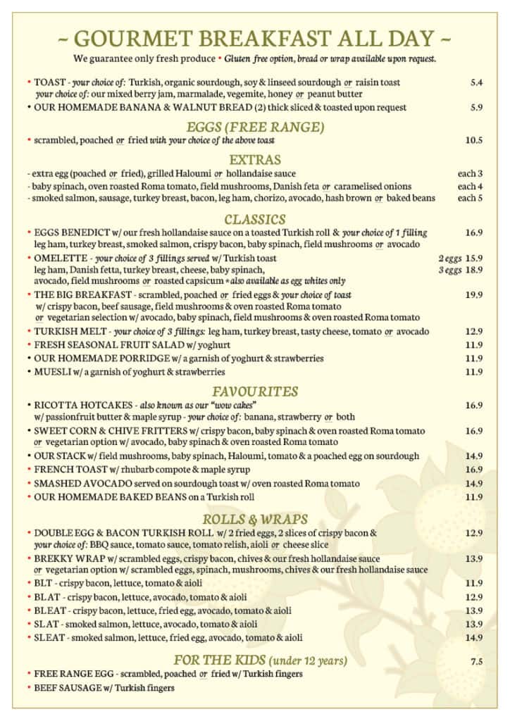 Menu at Not Bread Alone Restaurant & Cafe, Crows Nest, 376 Pacific Hwy
