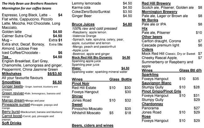 Menu at The Holy Bean cafe, Rosebud