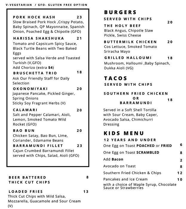 Menu at The Holy Bean cafe, Rosebud