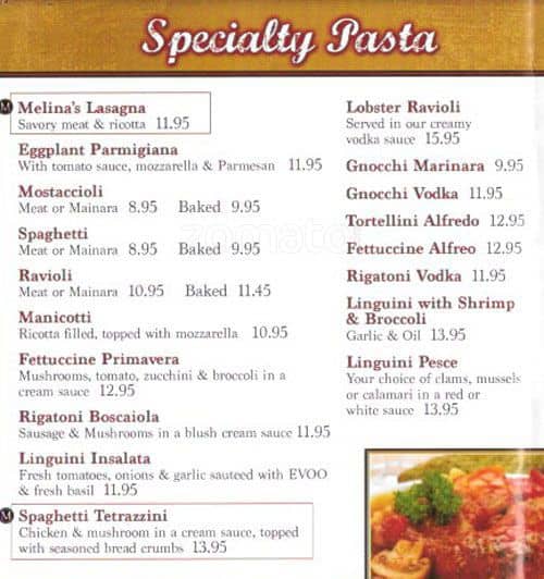 Menu at Melina's Trattoria & Lounge restaurant, Elmhurst