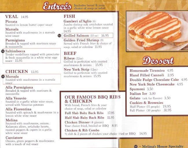 Menu at Melina's Trattoria & Lounge restaurant, Elmhurst