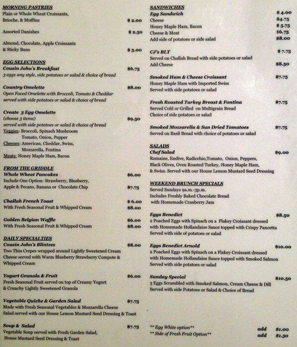 Menu at Cousin John's Cafe & Bakery, New York City