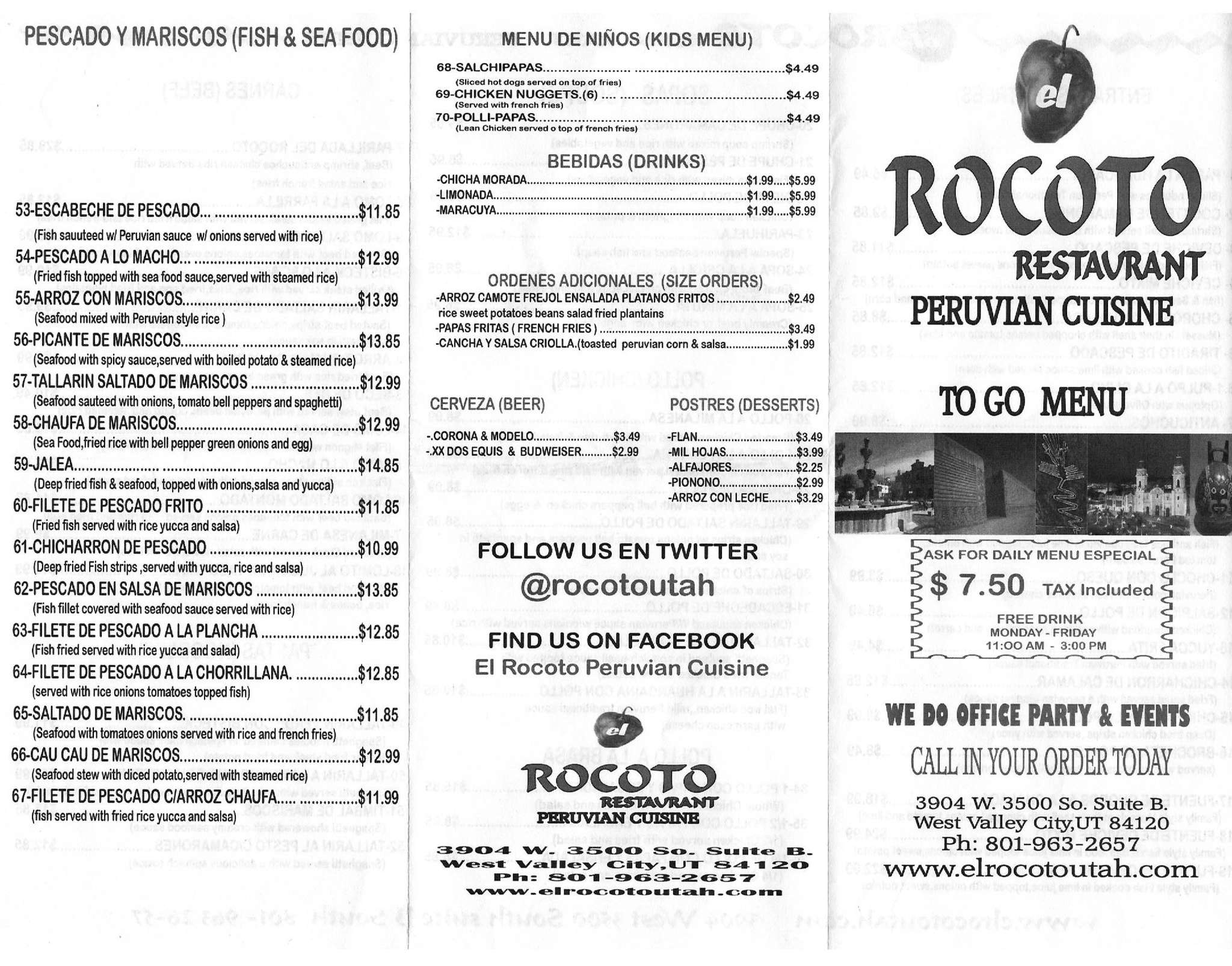 Carta de El Rocoto Peruvian Restaurant - Utah, West Valley City